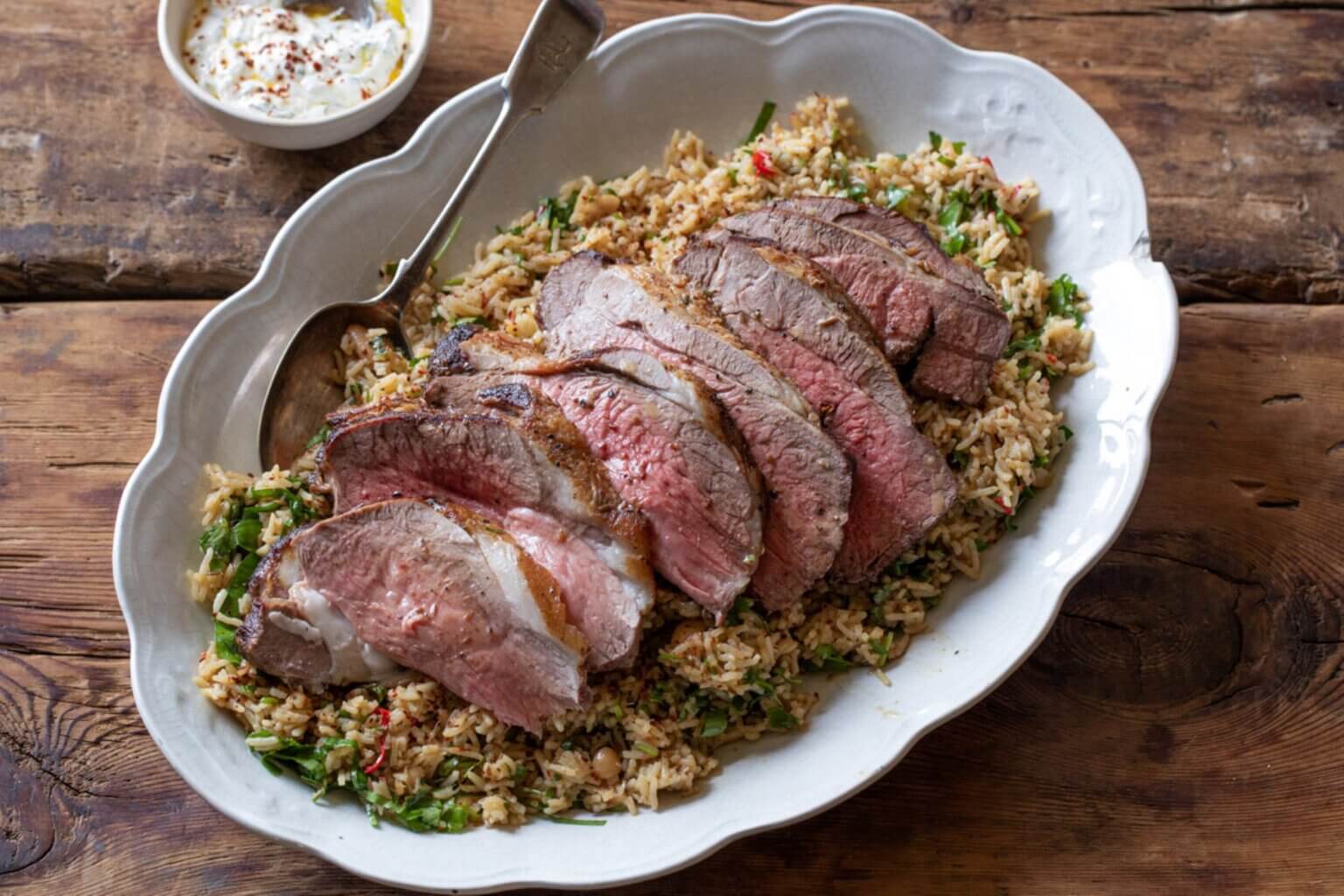 Butterflied Leg Of Lamb With Rice Pilaf & Minted Garlic Yoghurt