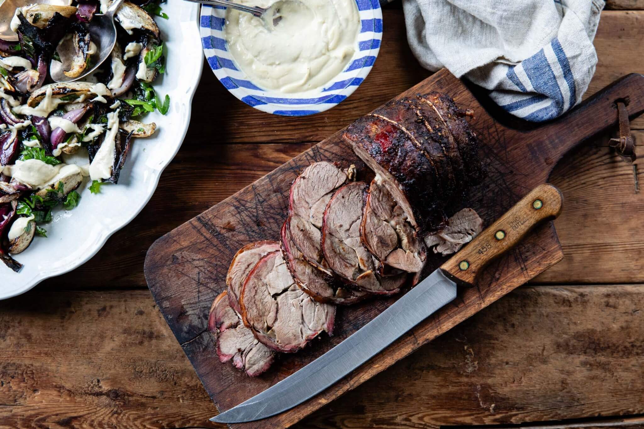 Slow-Smoked Shoulder Of Hogget With Grilled Onions, Turnips & Tahini ...